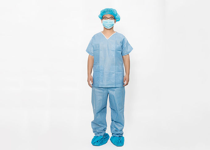 Medical 42g Blue Sms Nonwoven Disposable Scrub Suit
